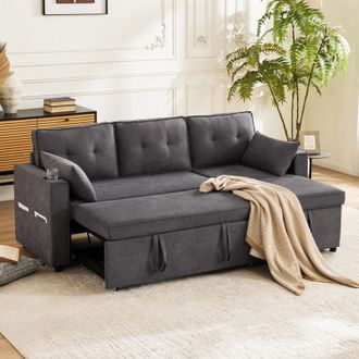 STILVORA Canap&eacute; dAngle Convertible 3 Places avec Coffre, R&eacute;versible Gauche Droite, Porte-gobelet et Poches en Coton Lin Gris