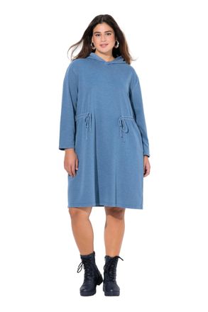 Ulla Popken Damen gro&szlig;e Gr&ouml;&szlig;en &Uuml;bergr&ouml;&szlig;en Plus Size Hoodiekleid, A-Linie, Sweat, Kapuze, Raffb&auml;nder, Langarm denimblau 54+ 834536721-54+
