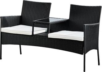 Teamson Home Gartenmöbel, Rattan Korbweide Liebesplatz Bank mit 2 Gepolsterten Sitzen und Integriertem Mittleren Glastisch und Regal, Schwarz - Teamson Home