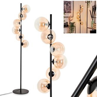 HOFSTEIN Stehleuchte Remaisnil, Stehlampe aus Metall/Glas in Schwarz/Bernsteinfarben, Leuchte im modernen Retro/Vintage-Design m. Schirmen aus Glas (Ø 15cm) u.