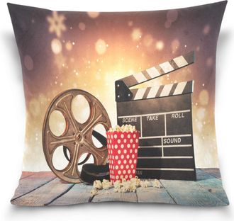 HMZXZ Kissenbezug 50x50cm Retro Film Popcorn Film Schindel Holzen Dekorative quadratische Kissenbez&uuml;ge Kissenh&uuml;ller f&uuml;r Couch Sofa Schlafzimmer Wohnzimmer