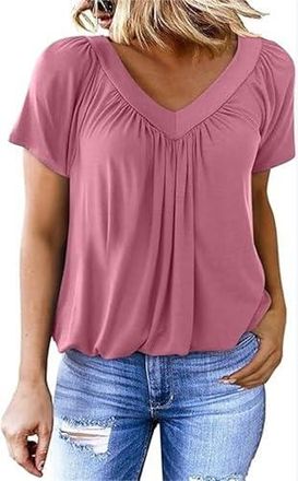 Generic T-shirt basique d&eacute;contract&eacute; &agrave; manches courtes et col en V pour femme, col en V, manches courtes, coupe ample, haut d&eacute;t&eacute; 2025, rose clair, XXL
