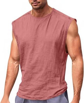 Generic Chemise en lin l&eacute;g&egrave;re et classique sans manches pour homme, couleur unie, respirante, extensible, &eacute;l&eacute;gante, polyvalente, confortable, col rond, chemis