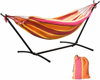 OUTSUNNY Hamac de jardin avec support en m&eacute;tal &eacute;poxy hamac sur pied 1 place charge max. 120 Kg sac transport rouge