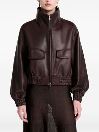 Nour Hammour Womens Leather Jacket With Shearling Collar Brown Lambskin