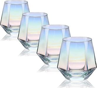 Generic Lot de 4 verres &agrave; vin sans pied (300 ml) pour vin rouge et blanc, verre iris&eacute; en forme de diamant pour whisky, cocktail, cadeau pour anniversaire, mar