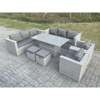 Fimous Polyrattan Essgruppe Gartenm&ouml;bel Set H&ouml;he verstellbar Esstisch Set mit Sofa 2 Sessel 2 Kleiner Fu&szlig;hocker Helles Grau - Fimous