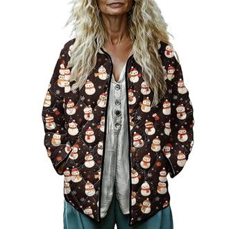 Generic Doudoune de Noël à imprimé rétro pour femme, veste matelassée à manches longues festives boutonnées avec col montant, manteau dhiver pour femme, gris,