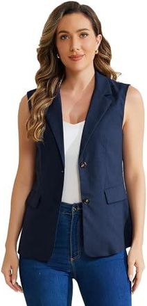 Allegra K Blazer sans Manches Femme Gilet daffaires Décontracté Veste en Lin de Bureau Costume Bleu XL