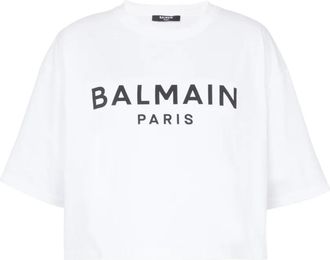 Balmain Kurzes T-Shirt aus &Ouml;ko-Baumwolle mit aufgedrucktem -Logo - - Tops - Damen - Wei&szlig; - S