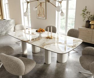 DELIFE Esstisch Edge Boot 240x120 cm Keramik Minas Melange Wei&szlig;-Beige Pilier Metall Wei&szlig;, Esstische