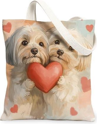 Generic Sac fourre-tout en toile pour le shopping Motif chien havanais 33 x 38 cm, sac d&eacute;picerie r&eacute;utilisable pour la Saint-Valentin, pour femme, animal de co