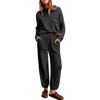 Generic Ensemble de surv&ecirc;tement d&eacute;contract&eacute; en coton et lin pour femme - Chemise de couleur unie - Pantalon large - Combinaison de loisirs pour femme, Noir, X