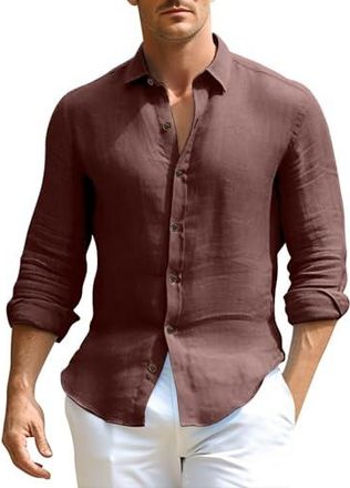 Generic Chemise formelle en lin &agrave; manches longues pour homme - Chemise boutonn&eacute;e en lin - Coupe ajust&eacute;e - Style d&eacute;contract&eacute; - Blanc - Col en V - T-shirt pour 