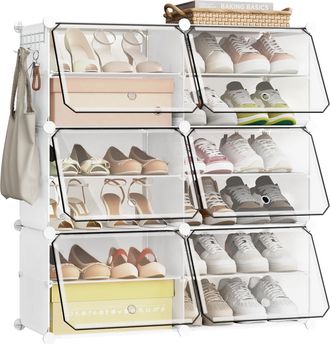 Woltu Schuhregal, Schuhschrank mit 6 Fächern, Platzsparend, Mit Haken, Schuhablage Kunststoff, für Flur Schlafzimmer Eingang, Schuhaufbewahrung für 24 Paar 