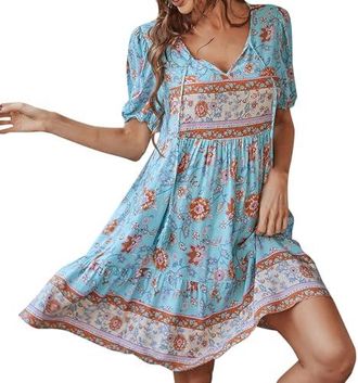 Generic Robe boh&egrave;me 2026 pour femme, robe midi d&eacute;contract&eacute;e &agrave; manches courtes, imprim&eacute; floral, tenue de base pour la maison, la plage, le printemps, l&eacute;t&eacute;, lau