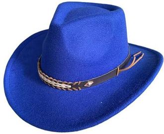 Generic Chapeau de cowboy occidental avec style ethnique en laine &agrave; bord moyen pour ext&eacute;rieur et d&eacute;contract&eacute;, bleu, Taille unique