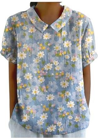 Generic PINTUTU Chemise Lin Femme Chemisier Coton pour Femmes Col en V Manche Courte Tops Chic et &Eacute;l&eacute;gant imprim&eacute; Floral T-Shirts Grande Tailles L&acirc;Che Imprim&eacute;