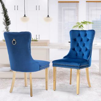 Generic Esszimmerstuhl-Set Aus Leder - Stühle Mit Hoher Rückenlehne, Knopfheftung Und Beinen Aus Massivholz(Gold-deep Blue,2)