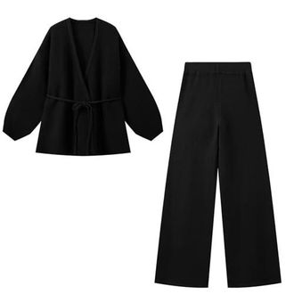 Generic Ensemble chandail 2 pi&egrave;ces pour femme, coupe d&eacute;contract&eacute;e, cardigan en tricot &agrave; lacets et pantalon long &agrave; jambe large, caf&eacute; assorti pour le quotidien,
