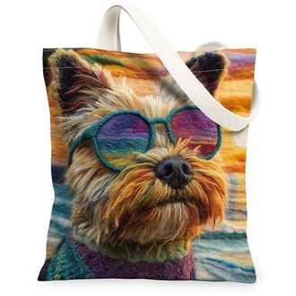 Generic Sac fourre-tout en toile motif chien cairn terrier d&eacute;t&eacute; 33 x 38,1 cm, sac r&eacute;utilisable &agrave; motif imprim&eacute; de chiot c&ocirc;tier pour femme, peinture esth&eacute;tique