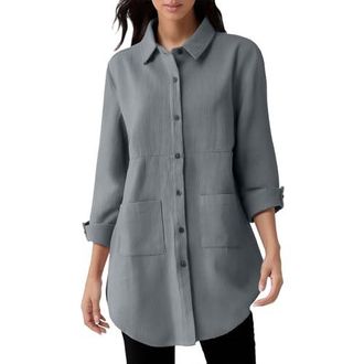 Generic Chemises en lin pour femme - Haut long boutonn&eacute; - Grande taille - Chemisier avec poches - Chemise de nuit grande taille pour femme, gris fonc&eacute;, XXL
