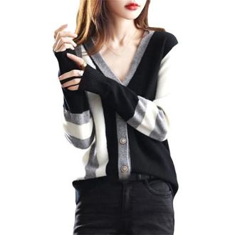 Generic Cardigan tendance pour femme avec col en V et rayures - Style paresseux d&eacute;contract&eacute;, Noir, blanc, gris, XL