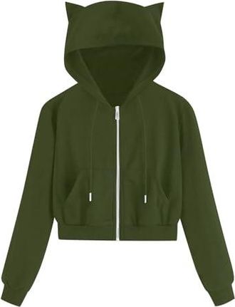 Generic Sweat court &agrave; fermeture &eacute;clair pour femme - &Agrave; manches longues - Avec oreilles mignonnes - Automne et hiver - L&eacute;ger - Coupe ample et confortable - Avec