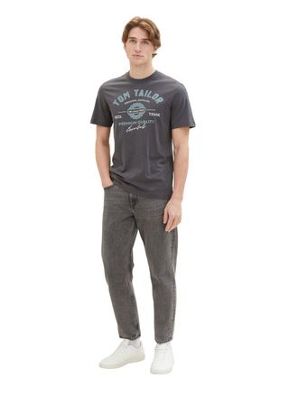Tom Tailor Herren T-Shirt mit Logo-Print aus Baumwolle, Tarmac Grey, XXL