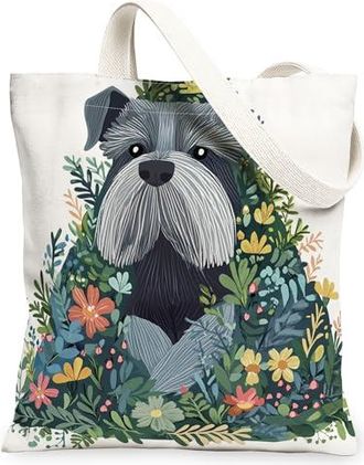 Generic Sac fourre-tout en toile motif chien schnauzer printanier 33 x 38,1 cm, sac d&eacute;picerie r&eacute;utilisable avec motif imprim&eacute; de plantes, fleurs, chiot pour f