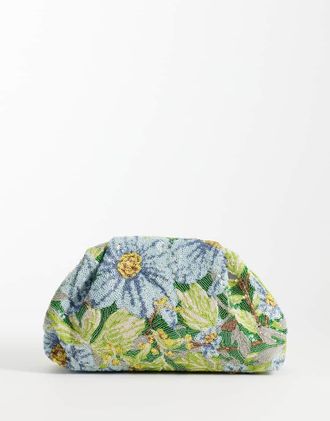 True Decadence Kissen-Clutch in Gr&uuml;n und Blau mit Blumenverzierung