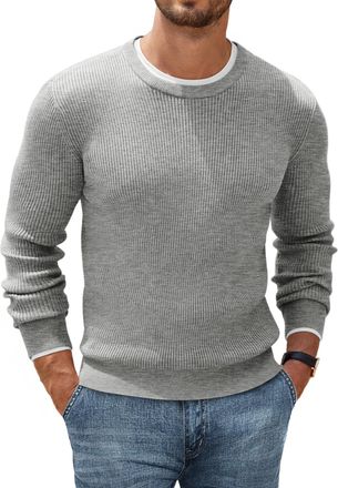 Coofandy Herren Pullover Rundhals Trendy Strickpullover Langarm Feinstrick Sweater Pullover Dünne Langarmshirt Slim Fit Einfarbig Hellgrau S