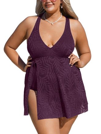Cupshe Damen Einteiler Badeanzug Plus Size Badeanzug V Ausschnitt Schlitz Bauchweg Blatttextur Badekleid Gro&szlig;e Gr&ouml;&szlig;en Curvy Bademode Swimsuit Brombeere XXL