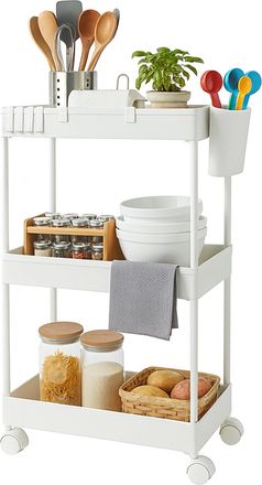 Relaxdays Rollwagen 3 Etagen Servierwagen Küchenwagen Bad & Büro Mobilregal HWD 62,5x40x22cm Weiß