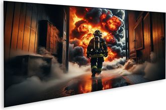 Islandburner Bild auf Leinwand Feuerwehrmann geht durch Rauch und Flammen zur Gefahr Bilder Wandbilder Poster