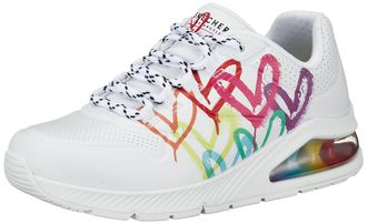 Skechers Damen UNO 2 Floating Love Sneaker, Wht Duraleather Multi Color Heart Print Trim, 37.5 EU