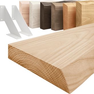 Lamofootwear Manufaktur Wandregal Holz Baumkante | Regal Farbe: Natur | mit weißem Vintage Regalträger | 140 cm