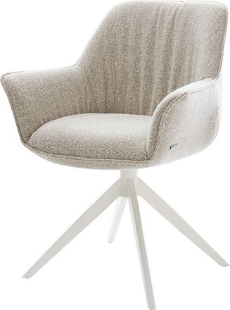 DELIFE Esszimmerstuhl Keila-Flex mit Armlehnen Kreuzgestell breit Wei&szlig; Webstoff Soft Beige 360&deg; drehbar Wippfunktion