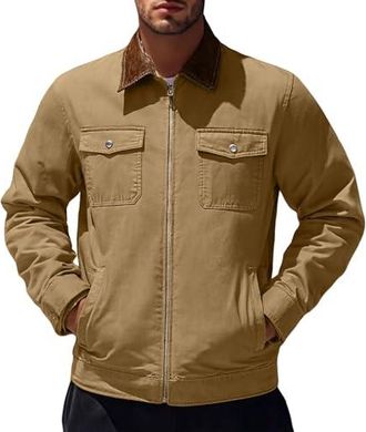Generic Veste pour homme avec poches poitrine - Veste cargo avec fermeture &eacute;clair - En coton - Couleur unie - Avec col rabattu - Confortable - Coupe-vent - Ve