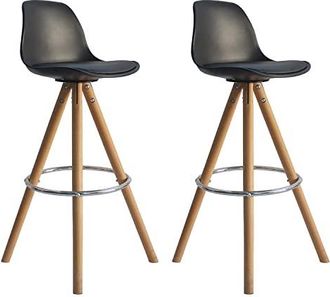 Happy Garden Lot de 2 tabourets scandinaves Tobias Noirs avec Coussin. Tabouret de Bar avec Dossier et Repose-Pieds. Chaise de Cuisine Style scandinaves avec Pied 