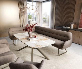 DELIFE Esszimmerbank Taya-Flex 285x190 cm Strukturstoff Soft Taupe Kufengestell flach Effektfinish Titan Taschenfederkern Rechts, B&auml;nke