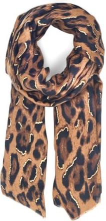 styleBREAKER &Eacute;charpe femme &agrave; motif l&eacute;opard et accents m&eacute;talliques dor&eacute;s | long tissu doux avec franges courtes 180 x 88 cm, Marron-noir