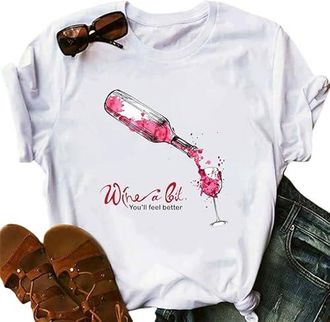Keephen Verre &agrave; Vin T-Shirt pour Femmes Nouveaut&eacute; Verre &agrave; Vin Impression 3D T-Shirts &Eacute;t&eacute; Col Rond Manches Courtes Chemises &Eacute;t&eacute; Tee Casual Tops