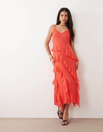 Vero Moda Smilla - Chiffon-Midikleid in Rot mit schmalen Tr&auml;gern und R&uuml;schen