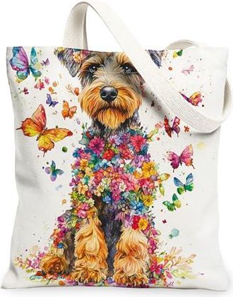 Generic Sac fourre-tout en toile motif Airedale Terrier de printemps 33 x 38,1 cm, joli sac d&eacute;picerie r&eacute;utilisable pour femme, motif animal de compagnie, d&eacute;co