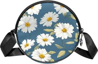 Generic Petit sac &agrave; bandouli&egrave;re rond pour femme, motif marguerites et feuilles, sac &agrave; dos &agrave; bandouli&egrave;re r&eacute;glable avec fermeture &eacute;clair, sac &agrave; main rond d&eacute;cont
