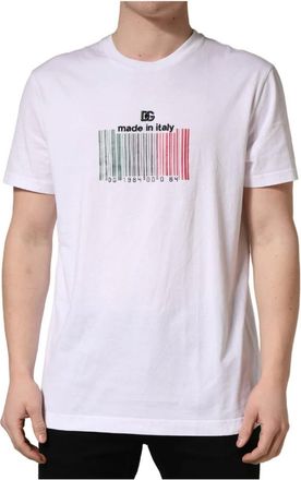 Dolce & Gabbana Homme, Tops, Blanc, Taille: 4XL Barcode Cotton Crew Neck T-shirt