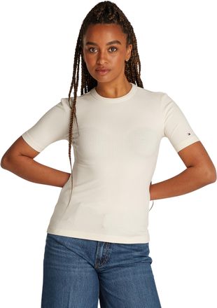 Tommy Hilfiger Damen T-Shirt Kurzarm Rib Rundhalsausschnitt, Beige (Calico), XXL