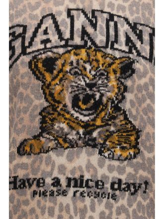 Ganni Tiger-Print Merino Wool Sweater - Beige