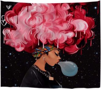 A.Monamour Wanddekor Wandteppiche Rote Afro Haar Afrikanischen Frauen Blasen Blasen Schwarz Galaxie Sternenhimmel Hintergr&uuml;nde Kunst Druck Stoff Hippie Mandala W